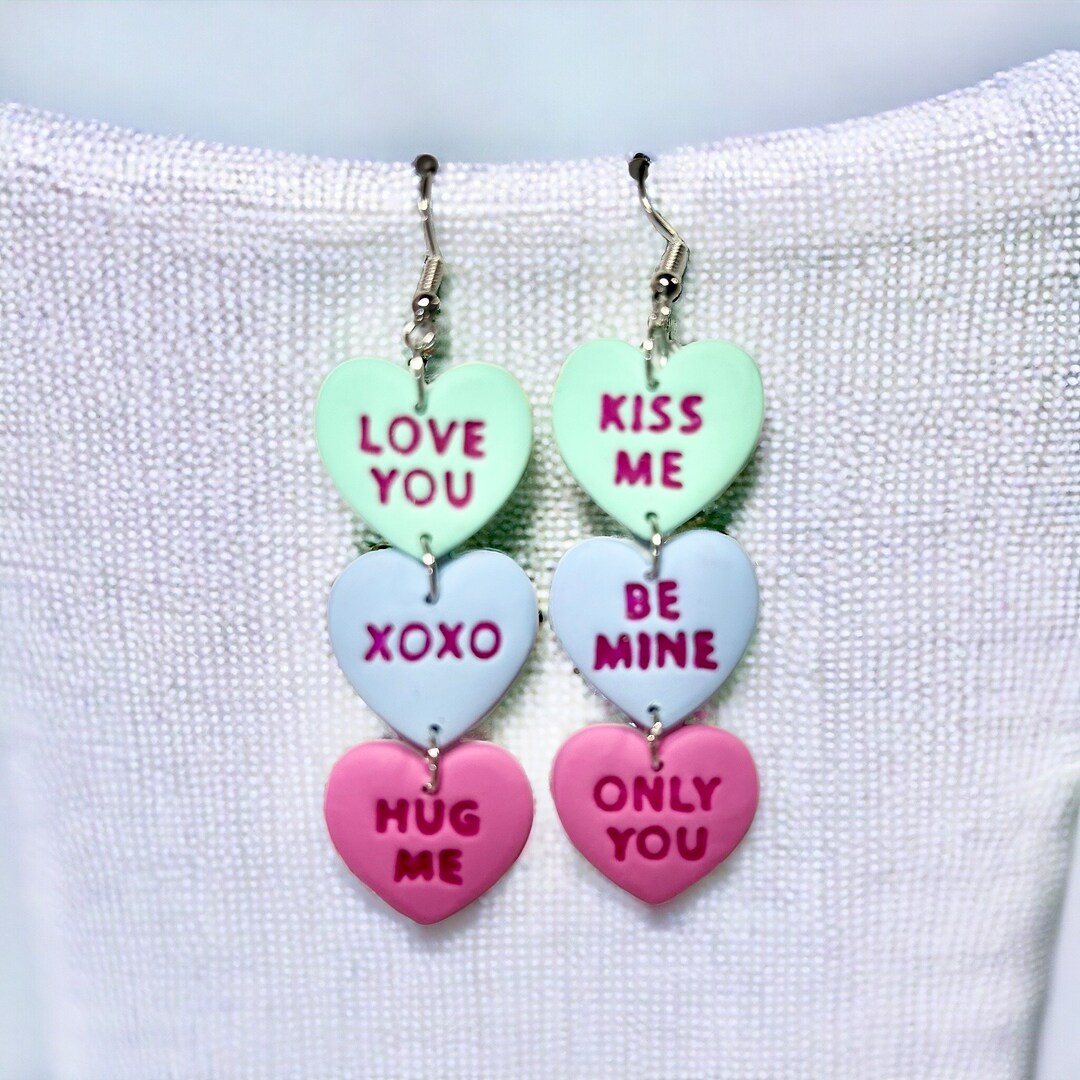 Candy Heart Valentines Day Dangle Earrings green, Blue, Pink Style 3 - Etsy
