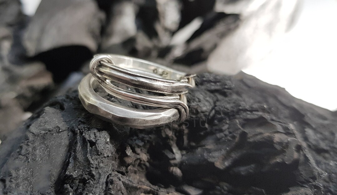 Locked Ring Set, Industrial Style Sterling Silver Ring, Textured Ring ...