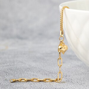 14K Gold Heart Bracelet, Solid Gold Heart Bracelet, Paperclip Chain ...