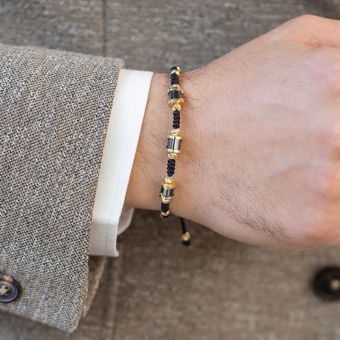 14K Solid Gold Men's Bracelet, 14k Gold Bracelet for Men, Black Rope ...