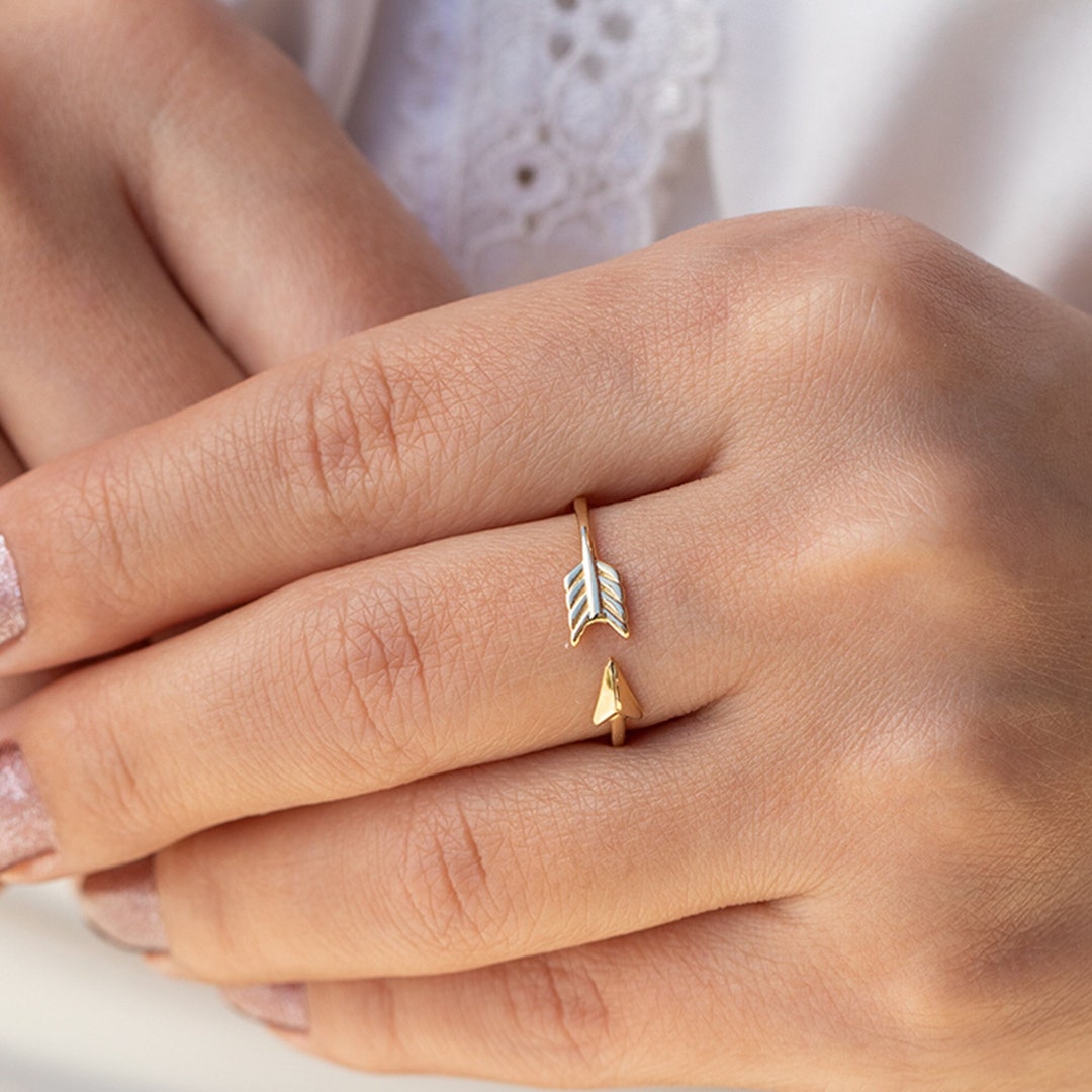 14K Solid Gold Arrow Ring, Gold Bow Arrow Ring, Adjustable Signet Ring ...