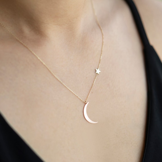 14K Solid Gold Moon Star Necklace Solid Gold Crescent - Etsy