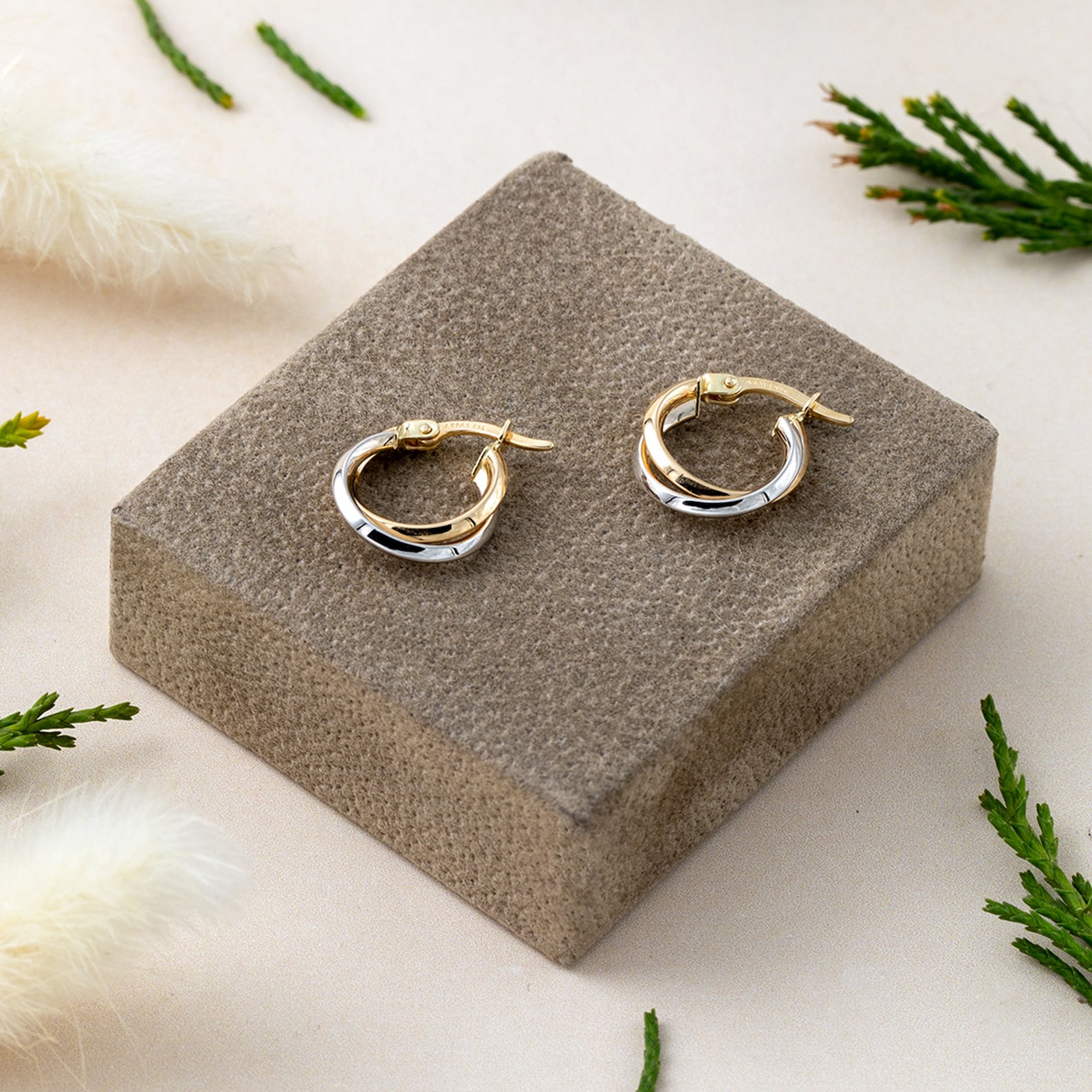 14K Solid Gold Two Tone 2 Line Braided Hoop Earrings for Women, Chic ...