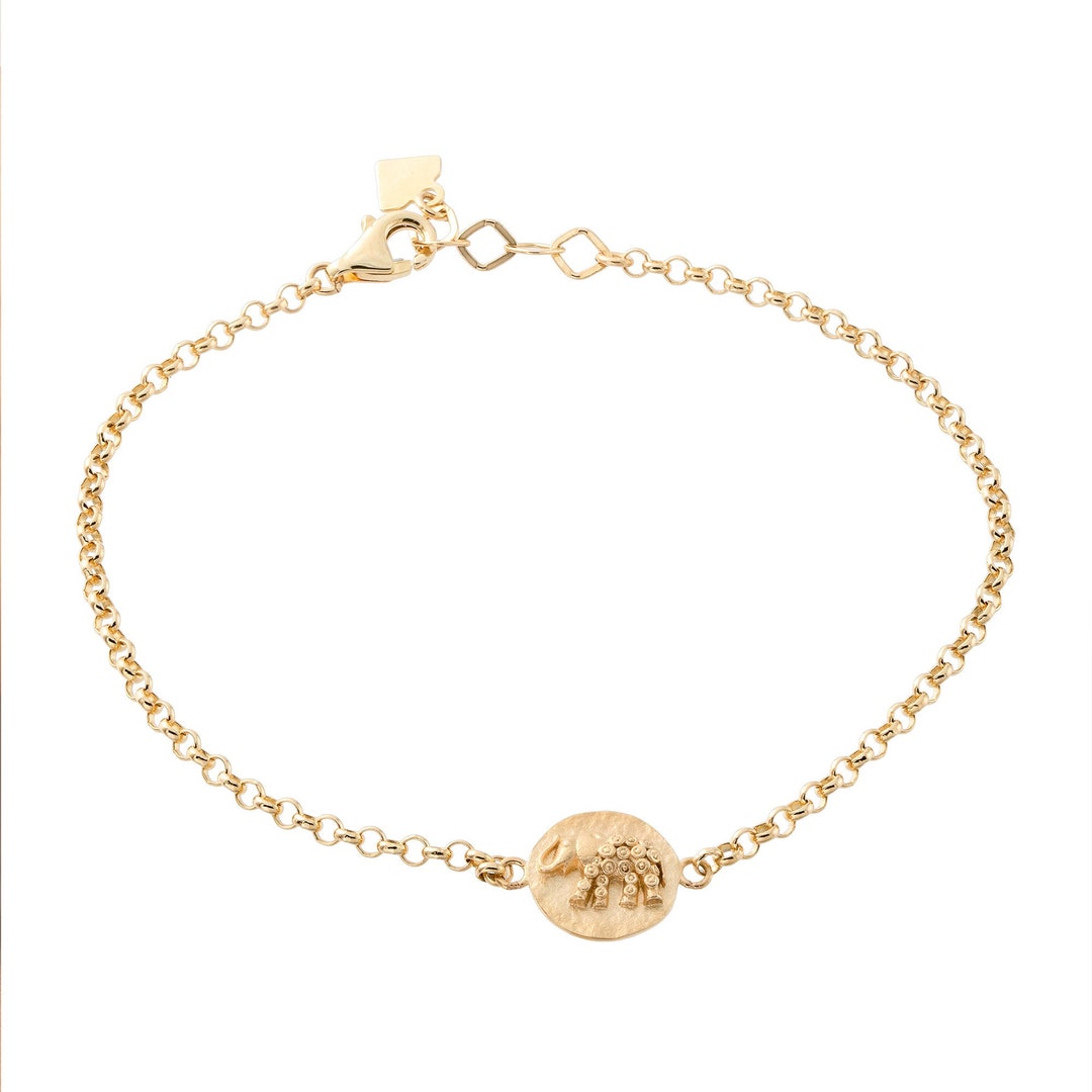 Elephant Charm Bracelet, 14k Solid Gold Rolo Chain Bracelet, Small ...