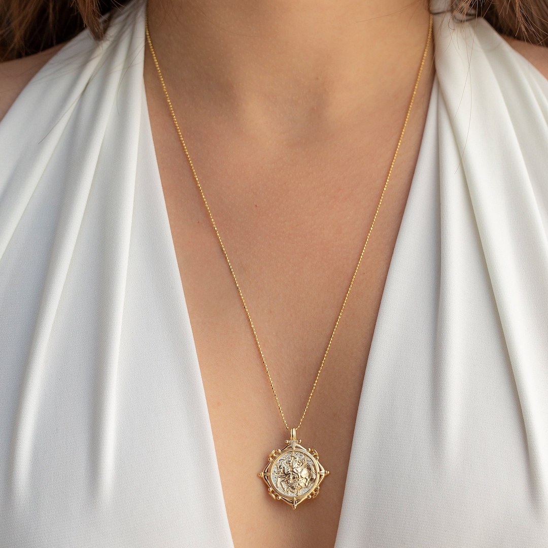 14k Solid Gold Coin Pendant Necklace: Ancient Rome Style Beaded Chain ...