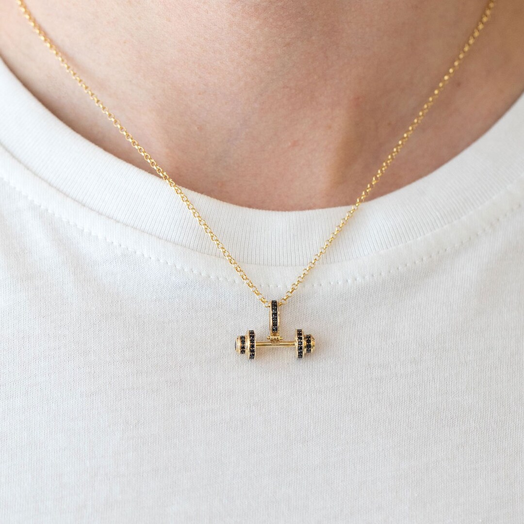 Barbell 14K Real Gold Men Necklace for Athlete, Weightlifting Men ...