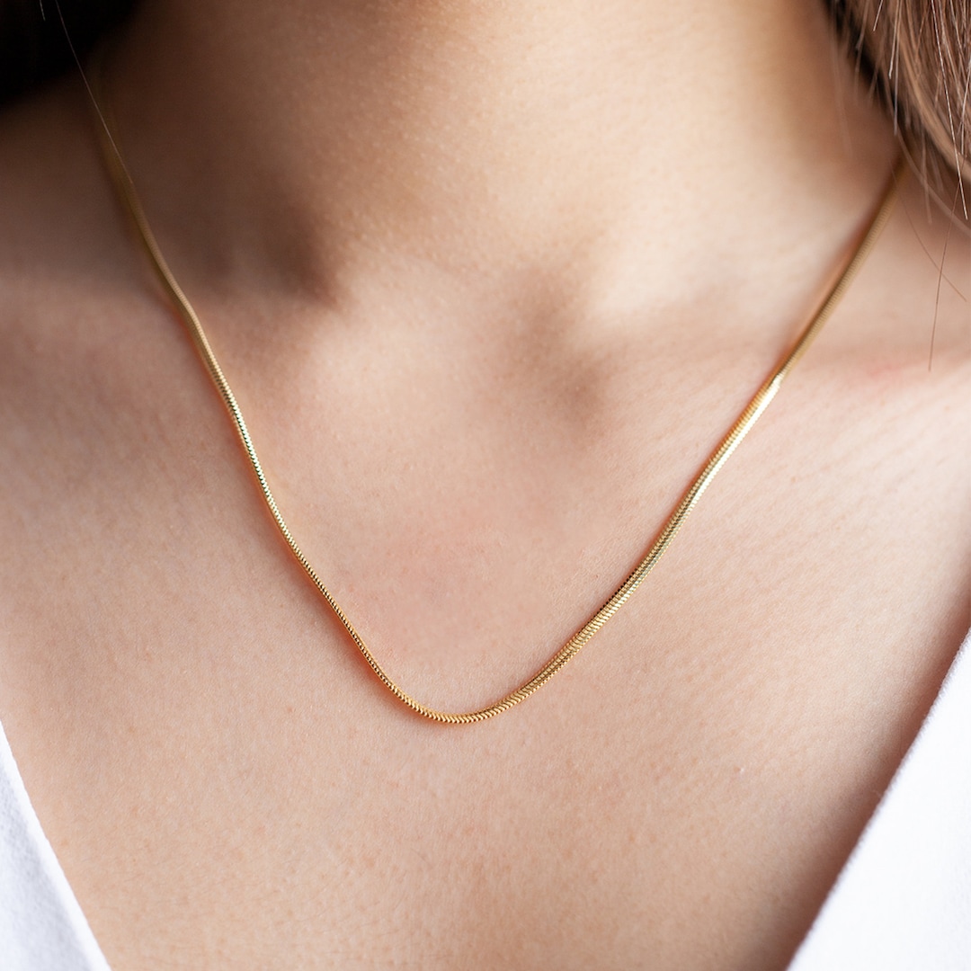 14k Solid Gold Snake Necklace, Yellow Gold Long Snake Chain Necklace ...