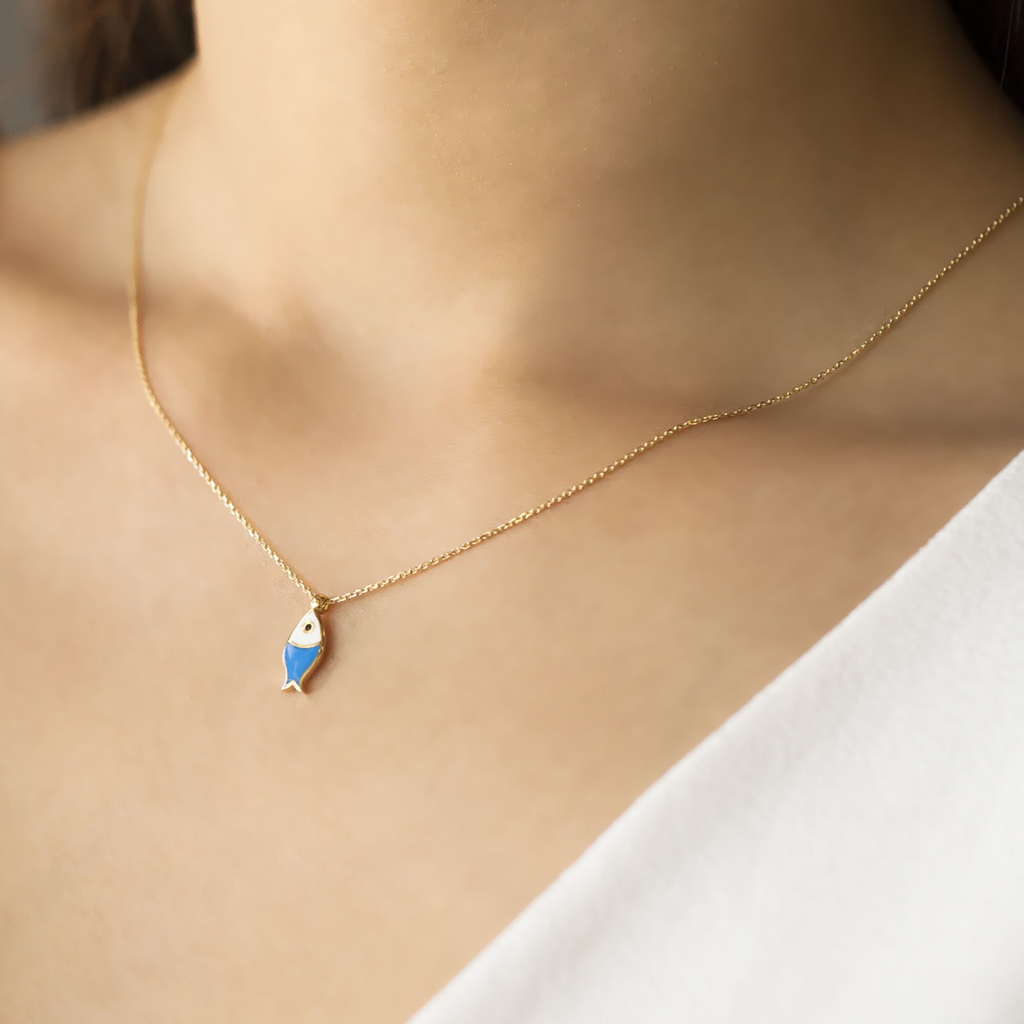 Cute Fish Nautical Gold Necklace, 14K Gold Blue/pink Enamel Fish Charm ...