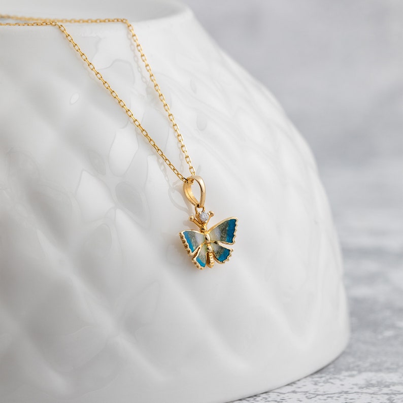 14K Gold Monarch Butterfly Pendant, Butterfly Diamond Necklace, Real ...