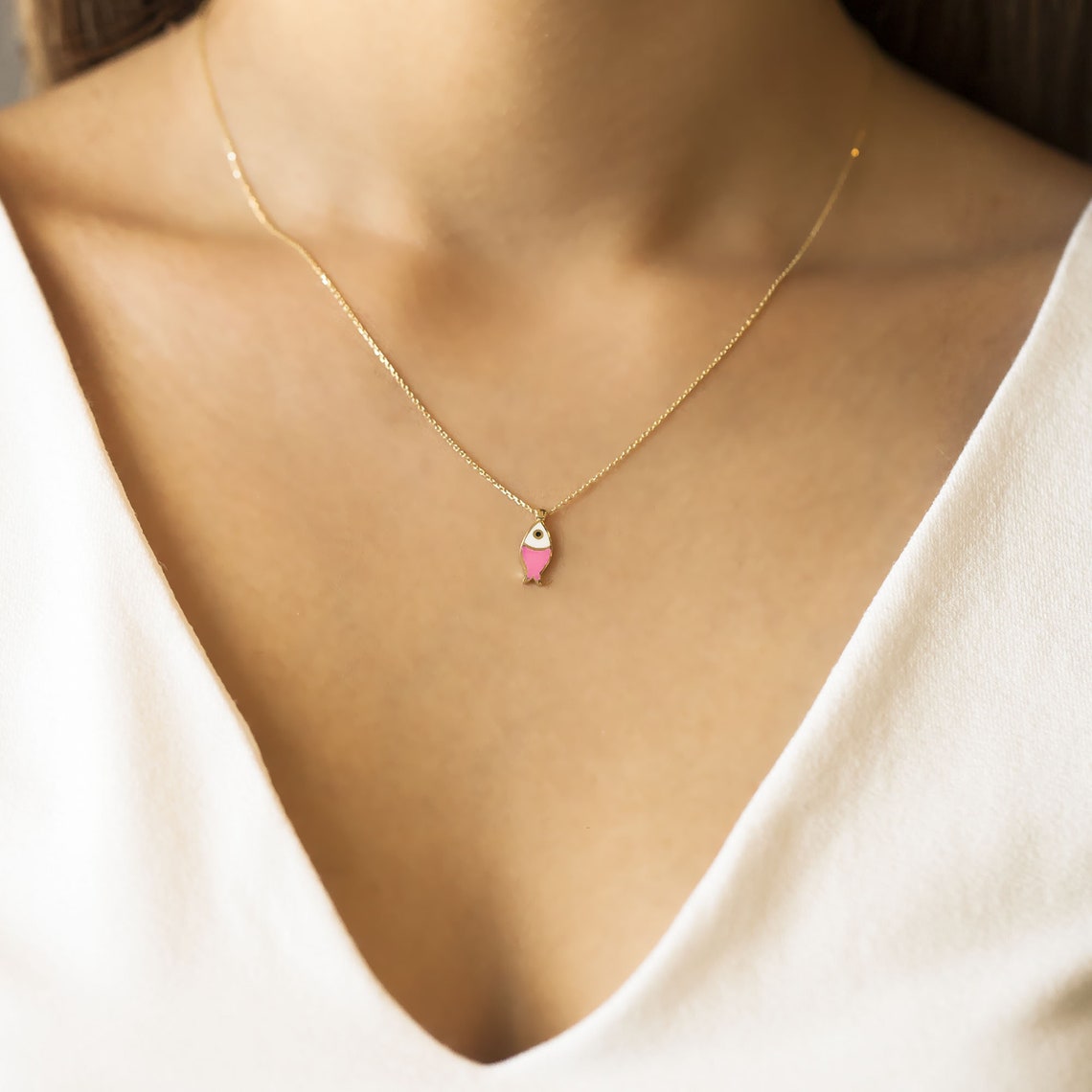 Cute Fish Nautical Gold Necklace, 14K Gold Blue/pink Enamel Fish Charm ...