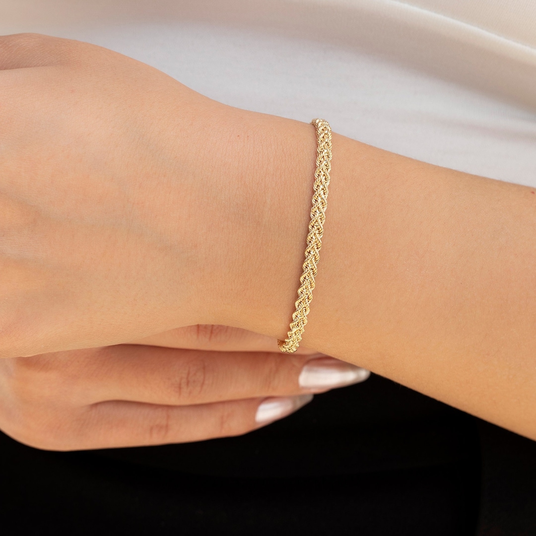 14k Solid Gold Double Rope Bracelet, Chic Everyday Jewelry, Twist Rope ...