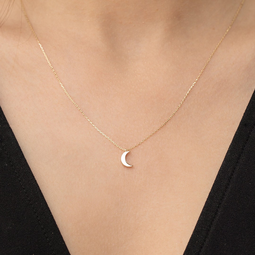14k Solid Gold Moon Necklace, Yellow Gold Crescent Moon Pendant, Dainty ...