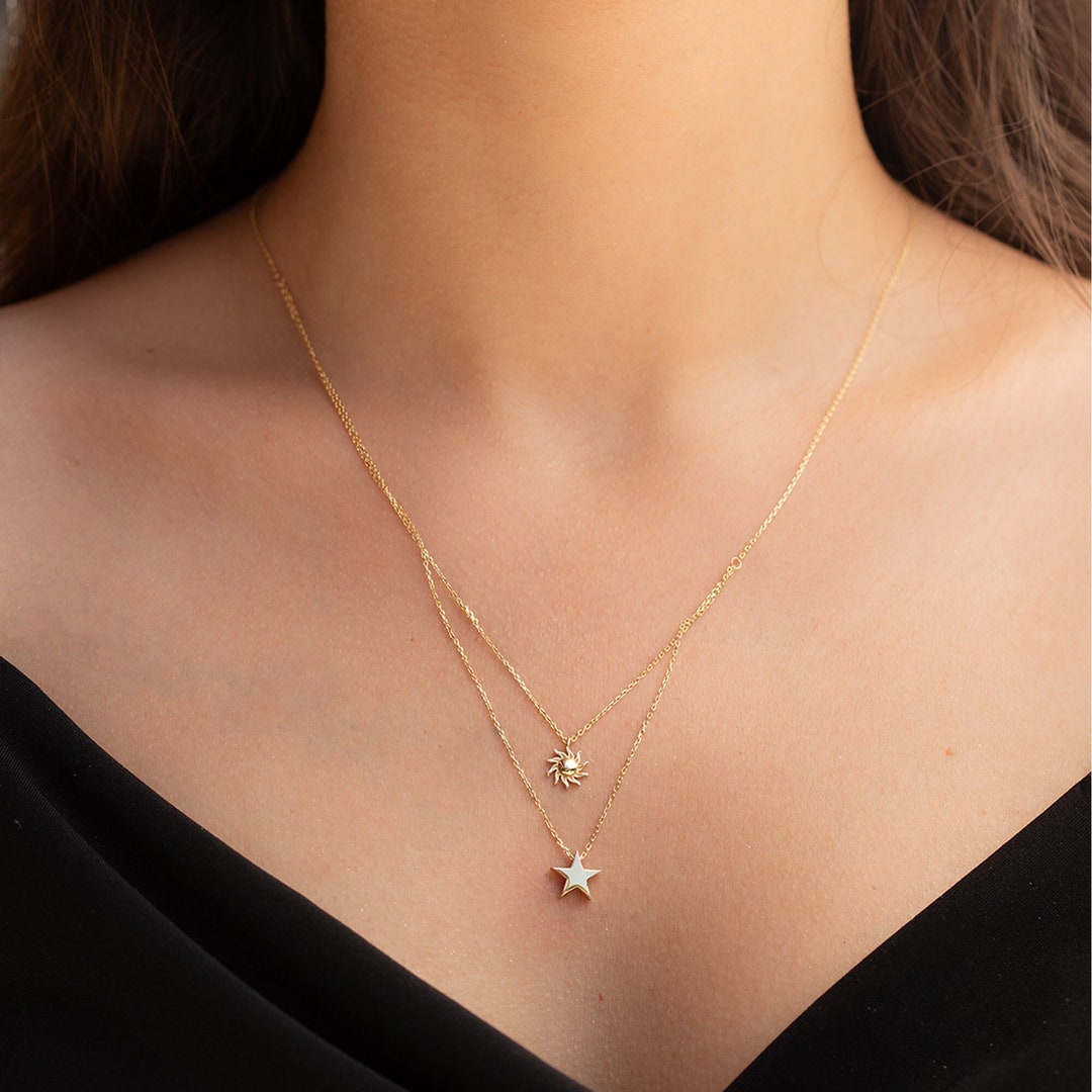 14k Gold Sun and Star Necklace, Celestial Sun Star Necklace, Layering ...