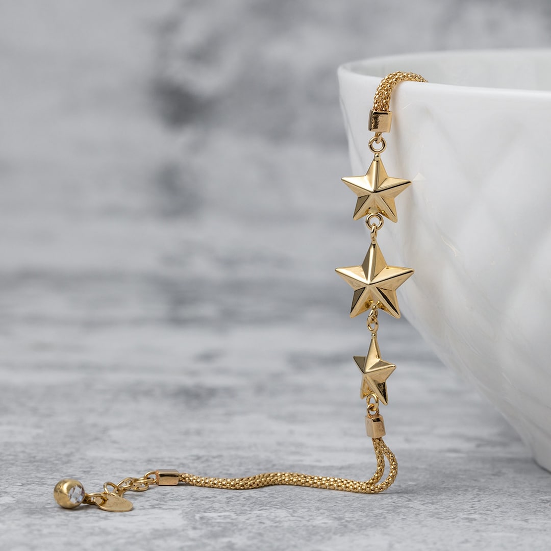 14K Gold Celestial Stars Bracelet, 14k Real Gold Thick Bracelet With ...