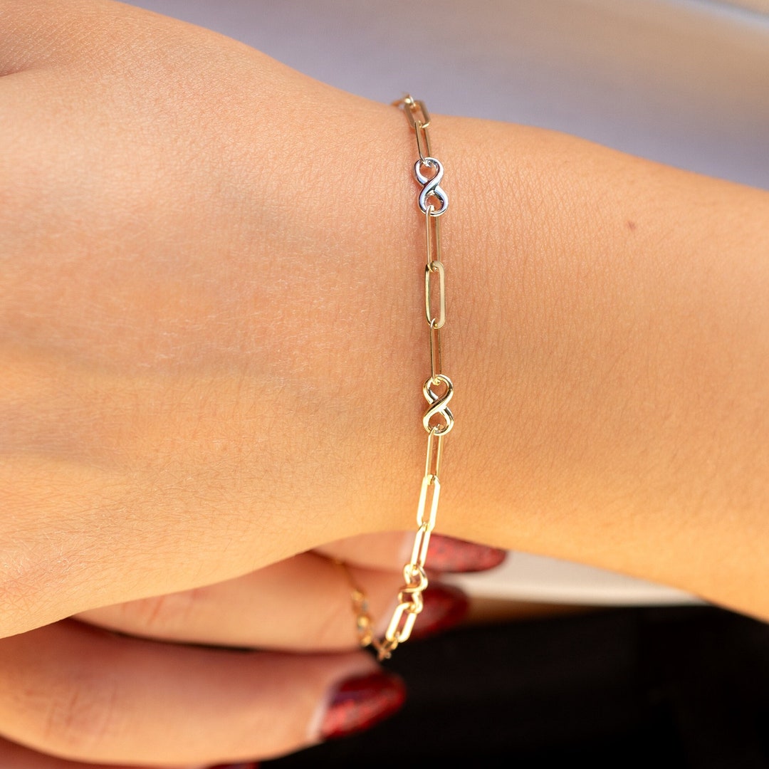 14k Solid Gold Infinity Bracelet, Gold Paperclip Chain Bracelet With ...