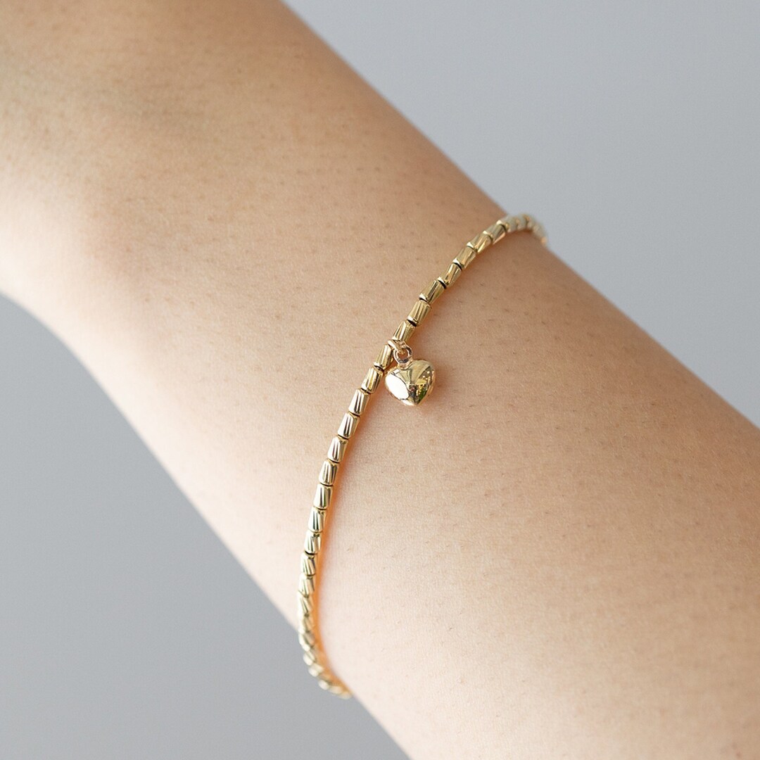 14k Gold Puffy Heart Charm Bracelet | Puffy Tiny Heart Charm | Shiny ...
