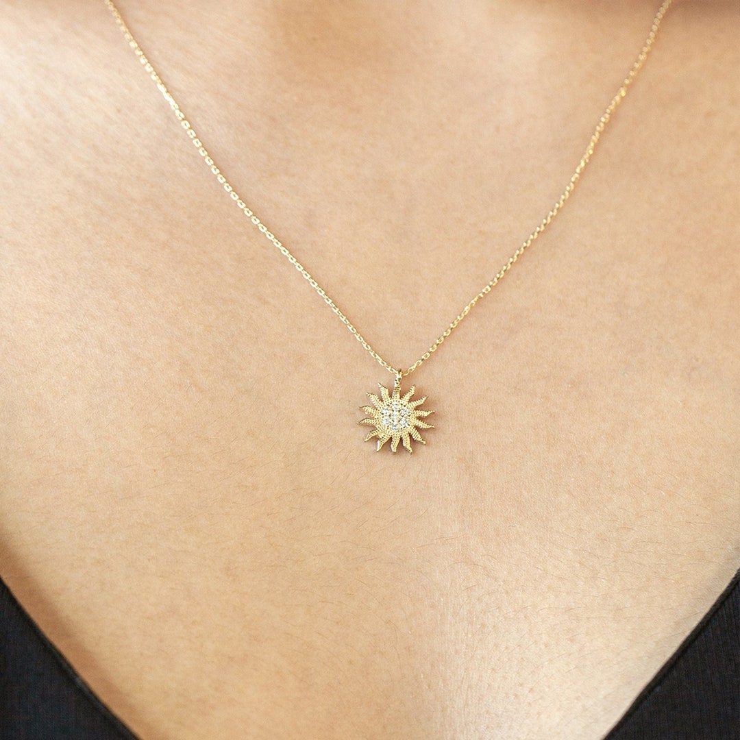 14K Gold Sun Necklace, Sun Pendant Fine Gold Jewelry, High Quality 14K ...