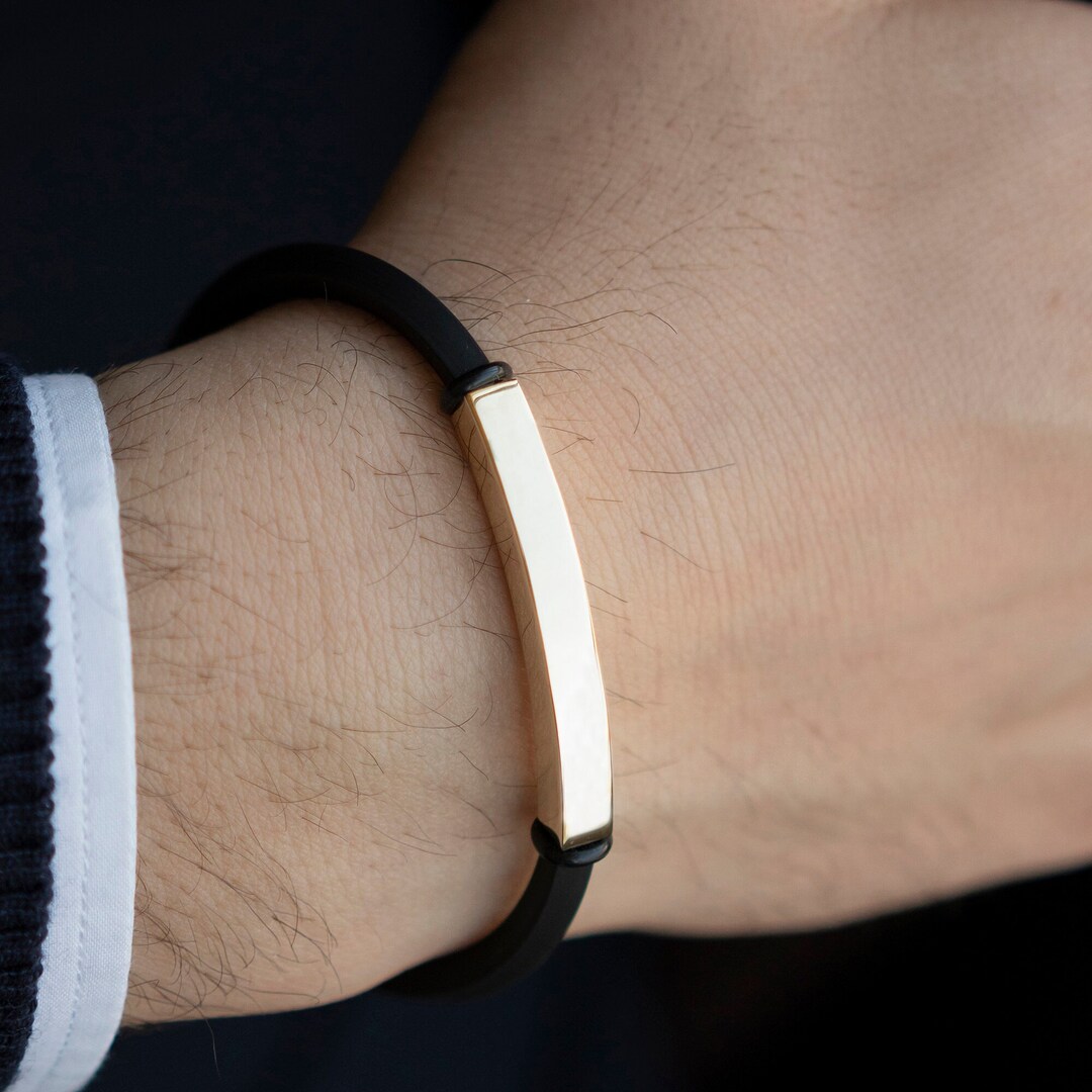 Personalized 14K Bar Bracelet for Men, Engraved Real Gold Bracelet ...