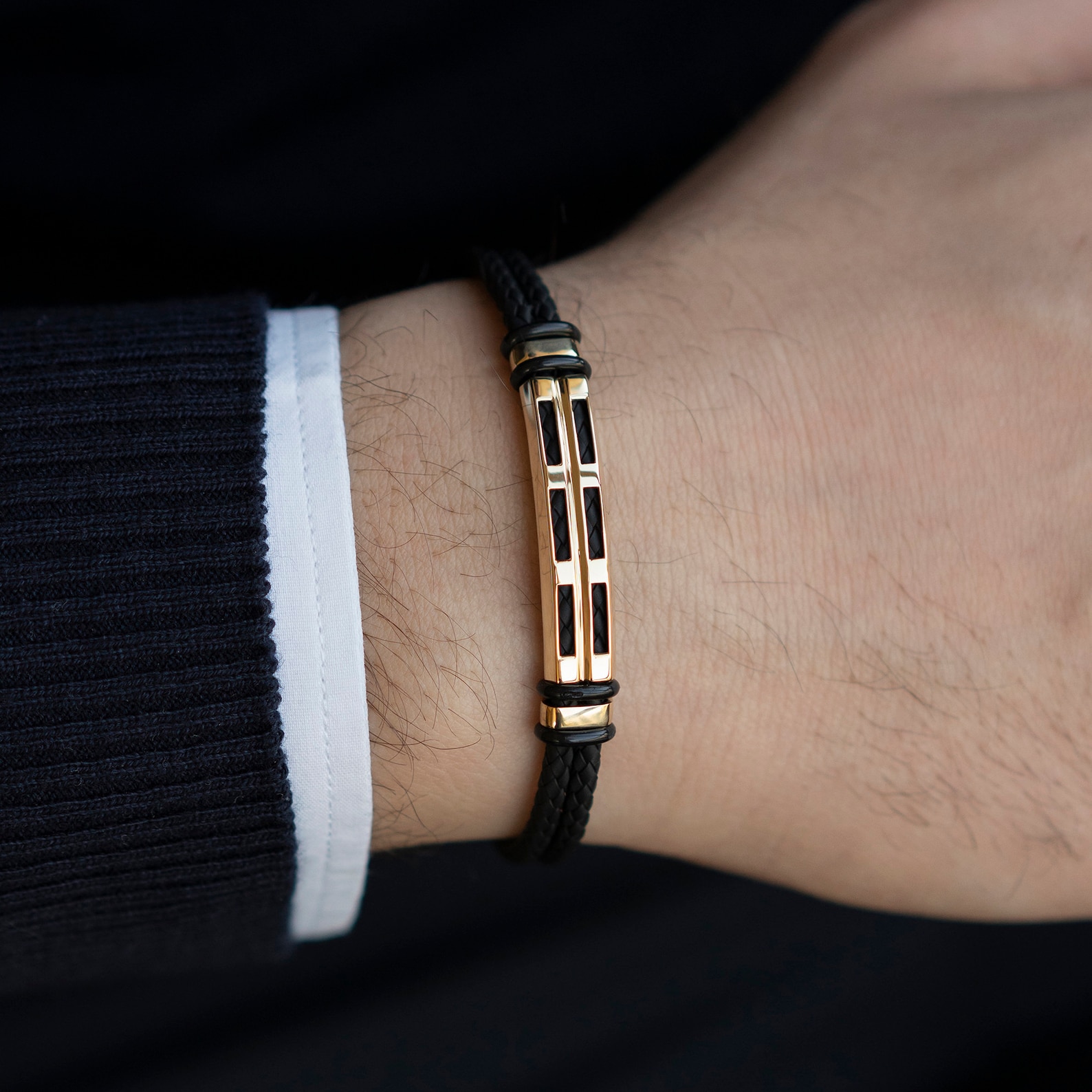 14K Real Gold Men's Gold Bracelet, Black Rope Men Bracelet for Daily ...