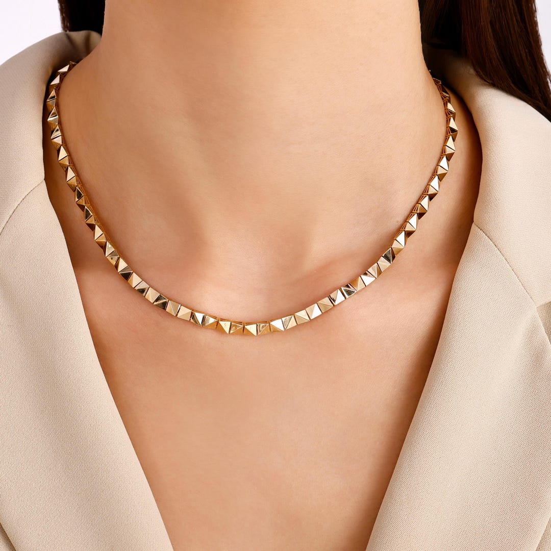 14K Solid Gold Chunky Collar Chain, Yellow Gold Modern Special Design ...
