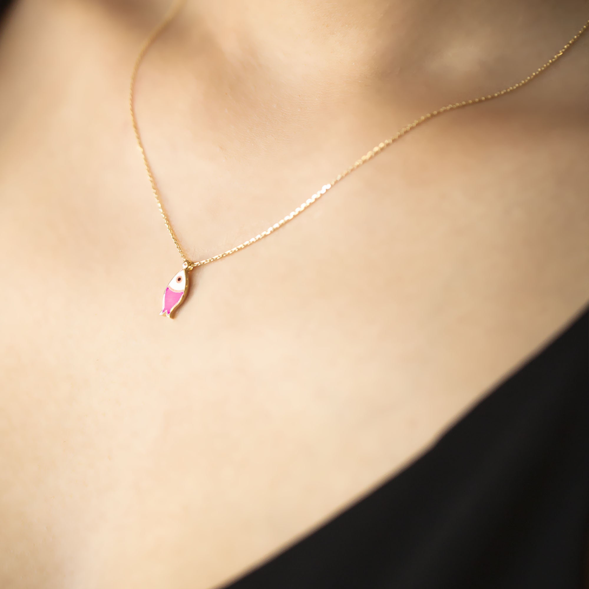 Cute Fish Nautical Gold Necklace, 14K Gold Blue/pink Enamel Fish Charm ...