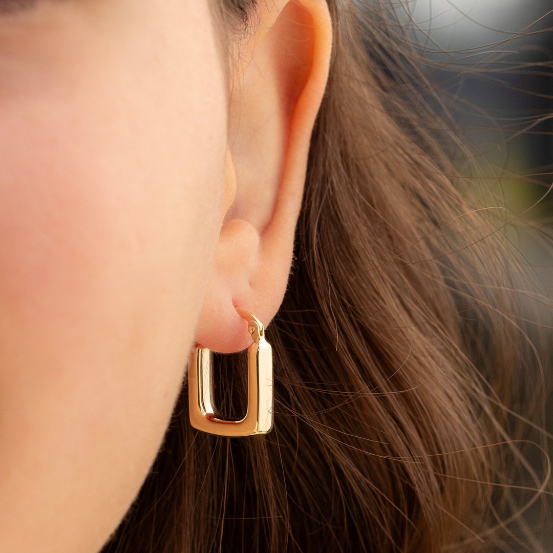 Real Gold Square Hoop Earrings, 14Κ Solid Gold Hoop Earrings, Rectangle Hoop Huggie Earring ...