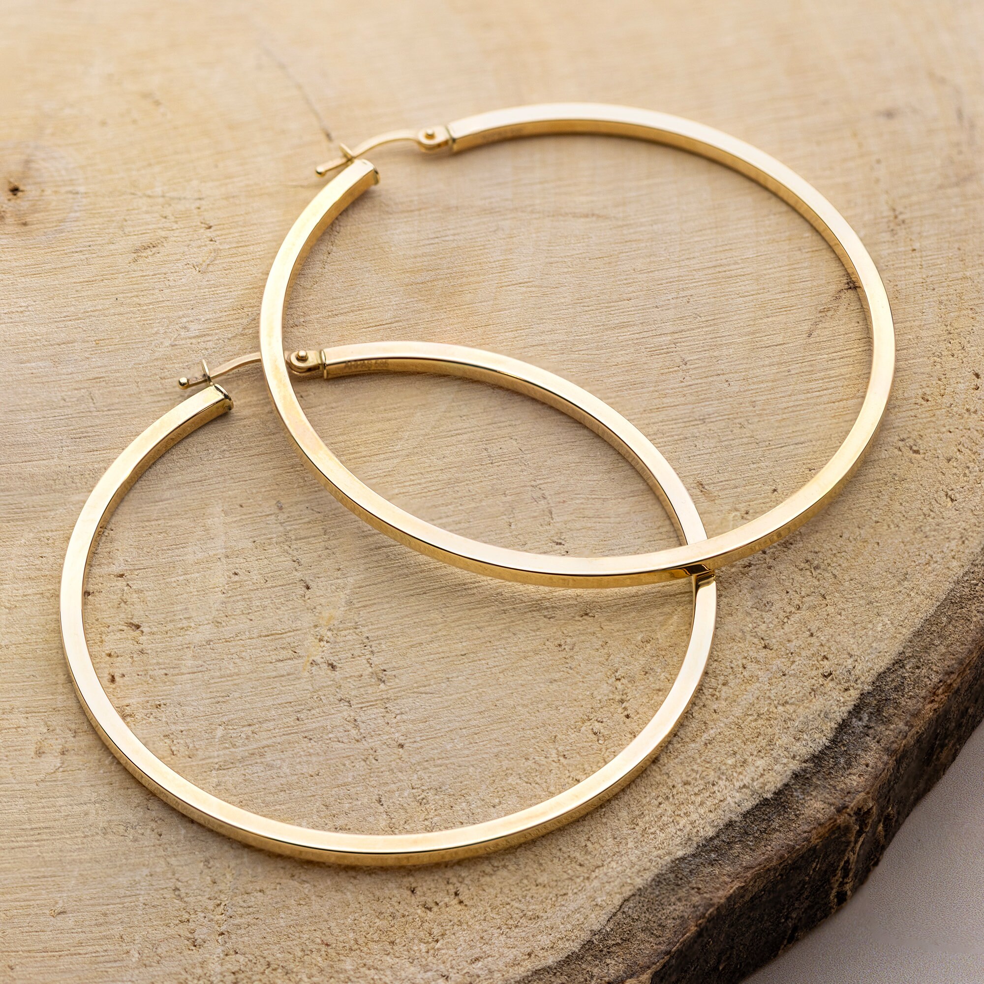 14K Gold Big Round Hoops, Yellow Gold Large Earrings, Real Gold Large ...