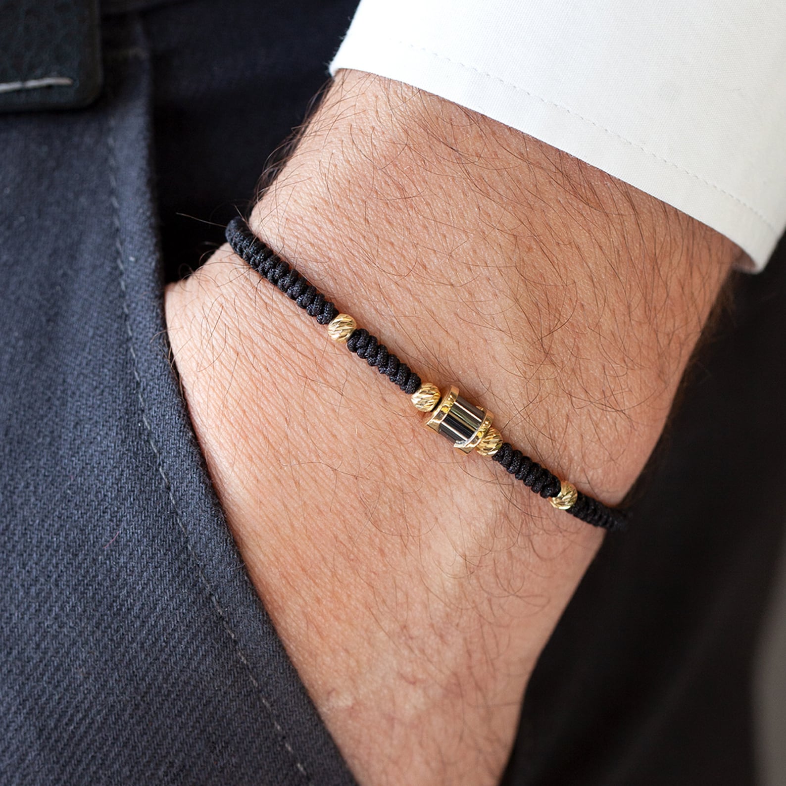 14K Solid Gold Men's Bracelet, 14k Gold Bracelet for Men, Black Rope ...