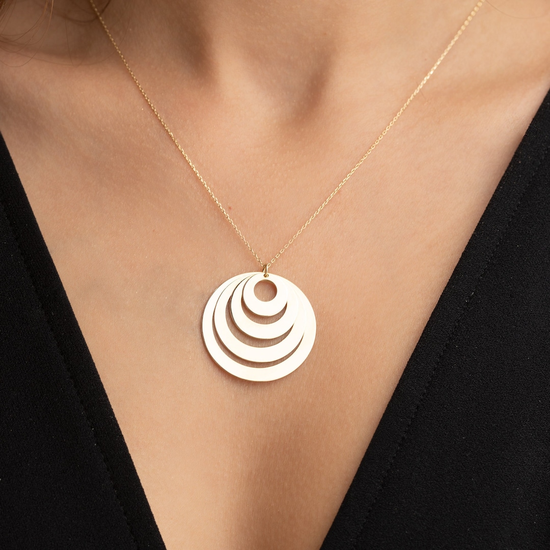 14K Solid Gold Multi Circle Pendants, Gold Family Name Necklace, Custom ...
