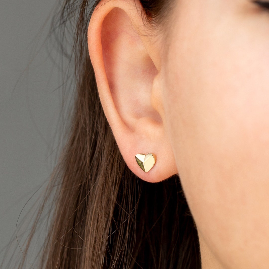14k Solid Gold Mini Puffed Heart Push Back Earrings | 3D Heart Studs ...