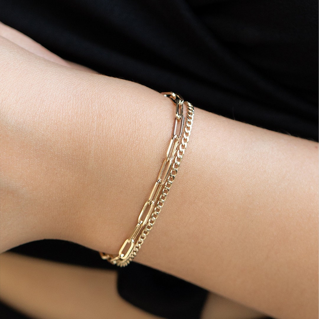 14K Gold Cuban Link Bracelet, 14K Solid Gold Layering Bracelet, Paper ...