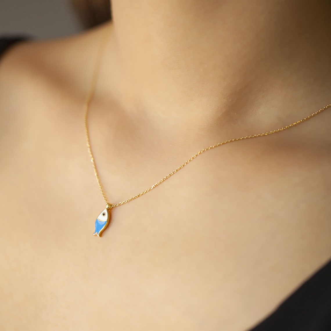Cute Fish Nautical Gold Necklace 14K Gold Blue/pink Enamel | Etsy
