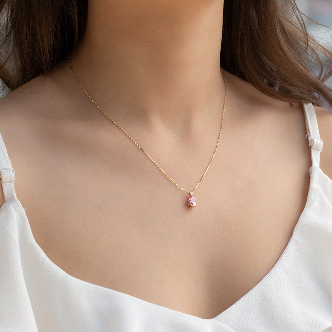 Pink Stone Necklace 14K Solid Gold, Pear Cut Pink Stone Gold Pendant ...
