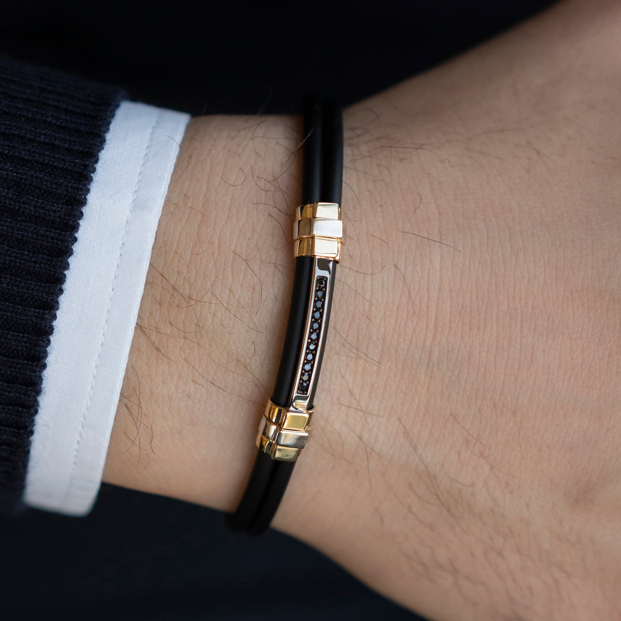 Solid Gold Men Bracelet, 14K Real Gold Black Rope Men's Gold Bracelet ...