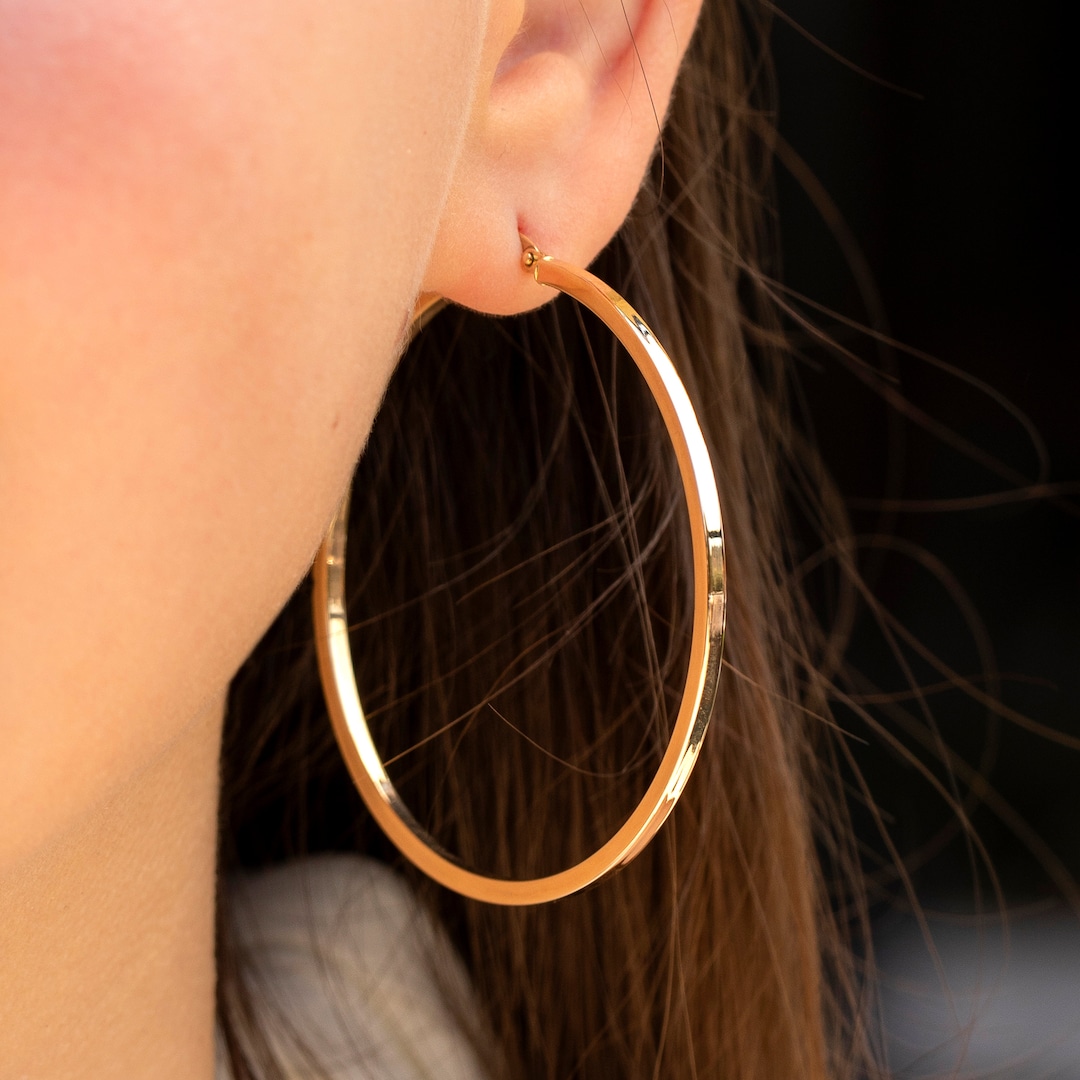 14K Gold Big Round Hoops, Yellow Gold Large Hoop Earrings, Real Gold Large Hoops, Big Hoop ...