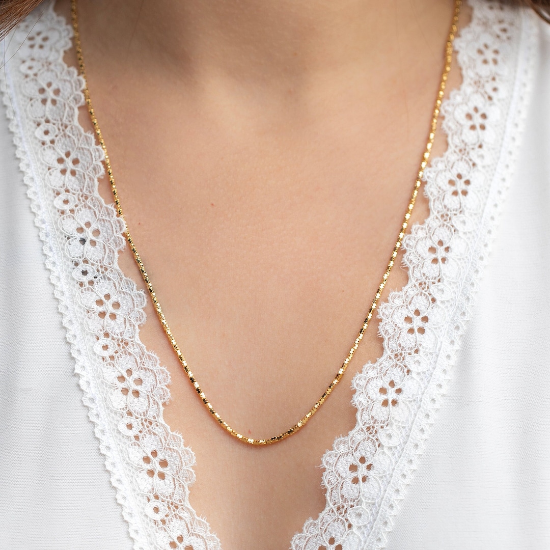 14K Gold Glitter Chain Necklace Round Link Chain Real Gold Necklace ...