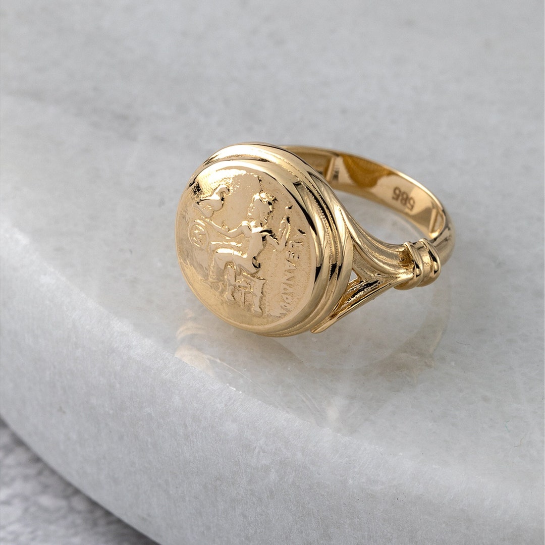 14k Solid Gold Ancient Style Signet Ring / 3D Engraved Signet Ring ...