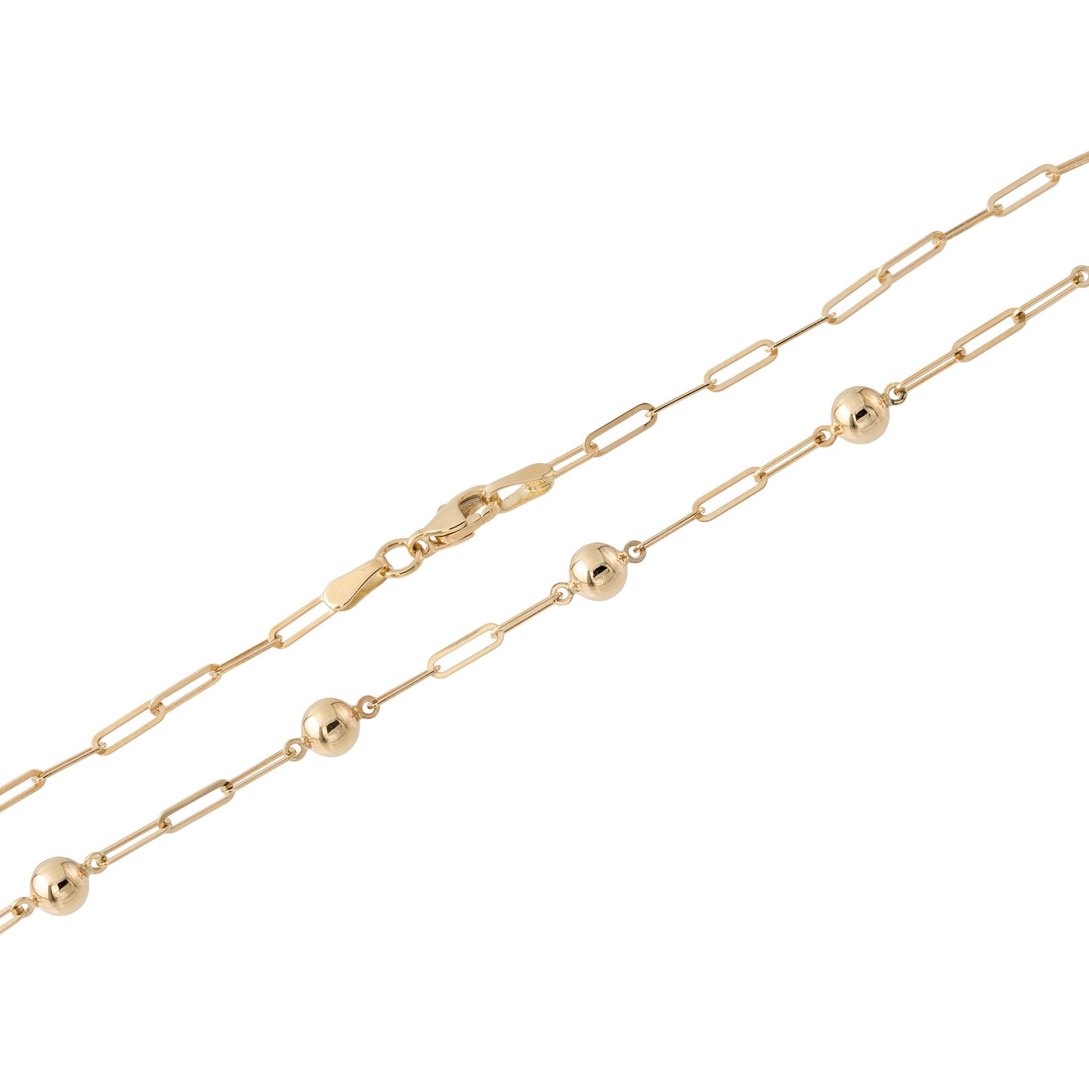 14K Solid Gold Bead Station Chain Necklace, Real Gold Paperclip Ball ...