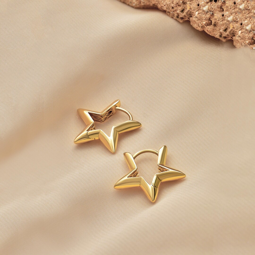 14K Gold Star Hoop Earrings, Yellow Gold Celestial Earrings, Minimalist ...