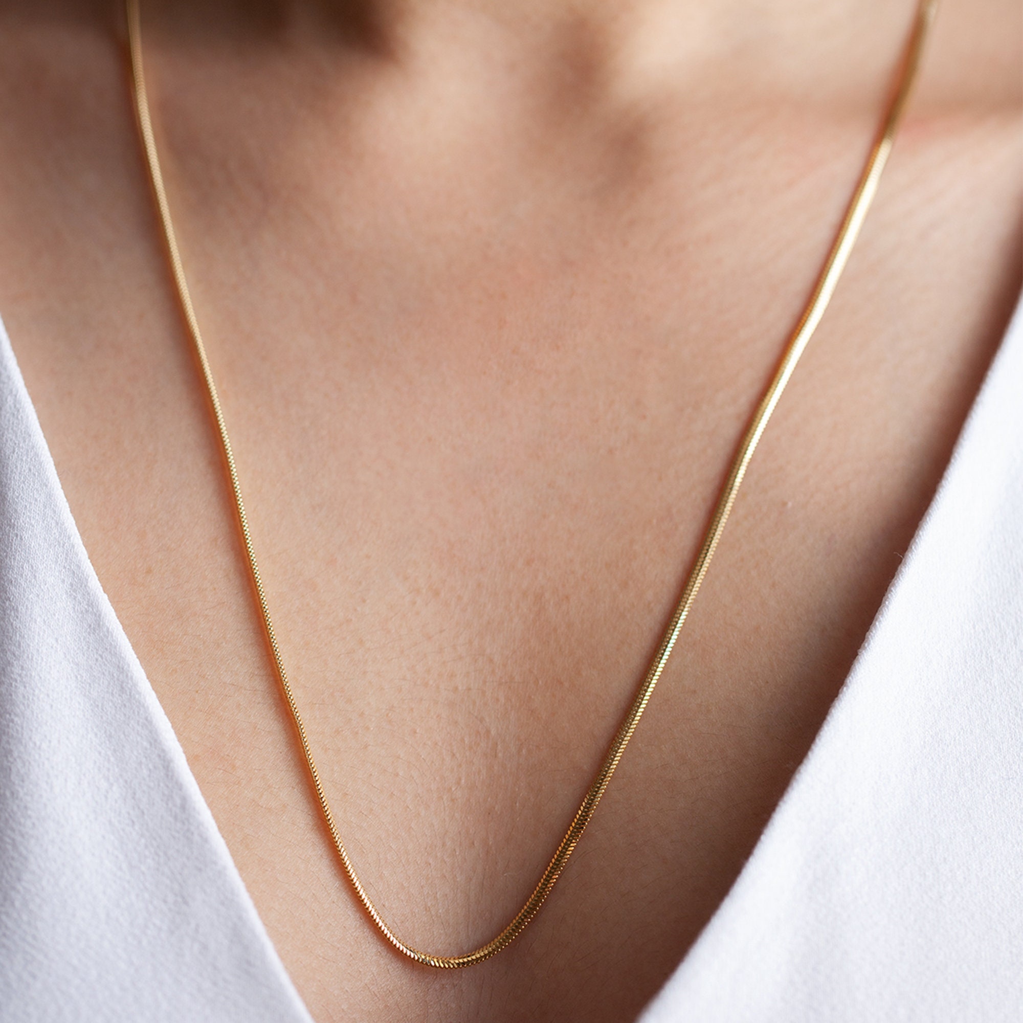 14k Solid Gold Snake Necklace, Yellow Gold Long Snake Chain Necklace ...