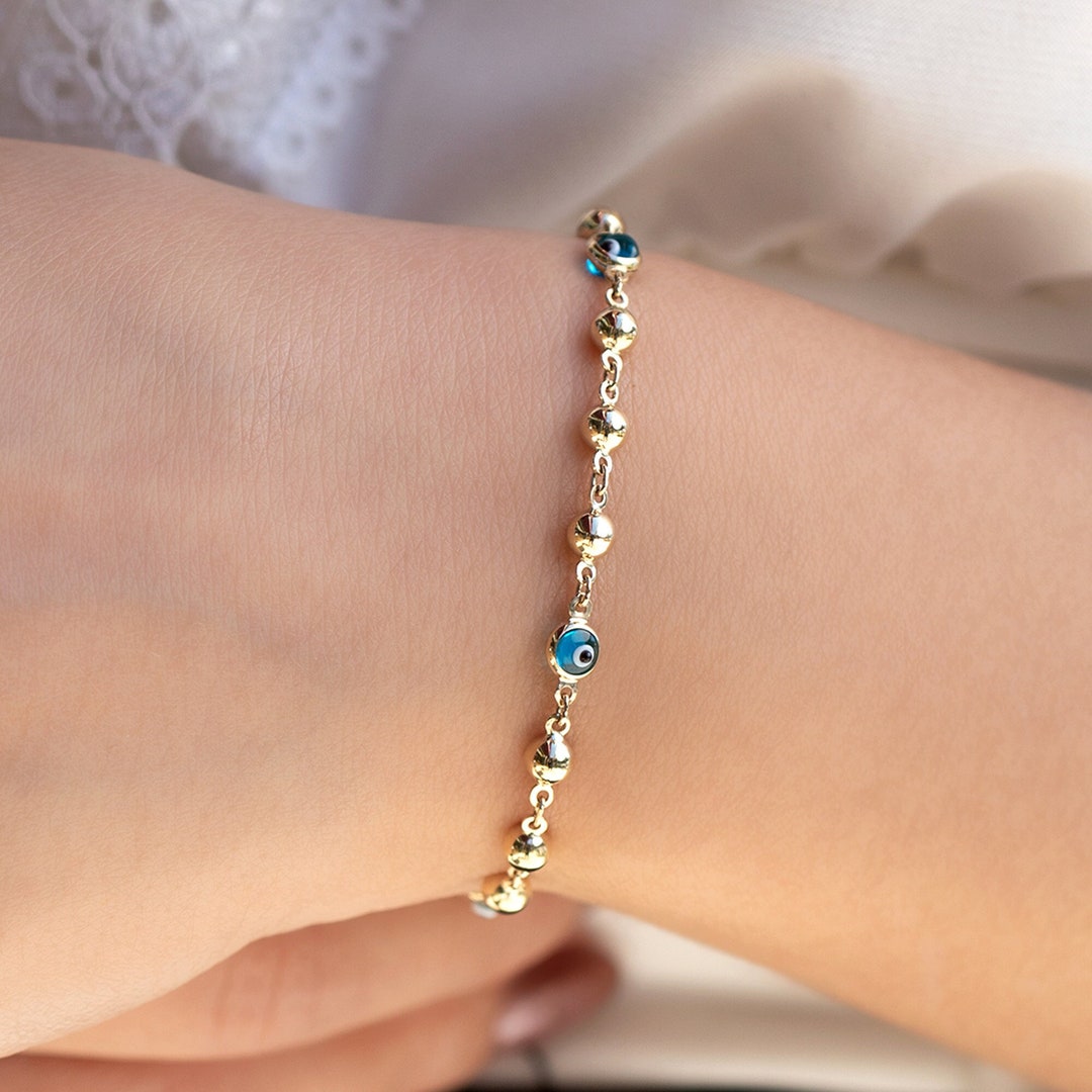 Evil Eye Gold Bracelet, 14K Yellow Gold Jewelry, Yellow Gold Beaded Evil Eye Bracelet - Etsy