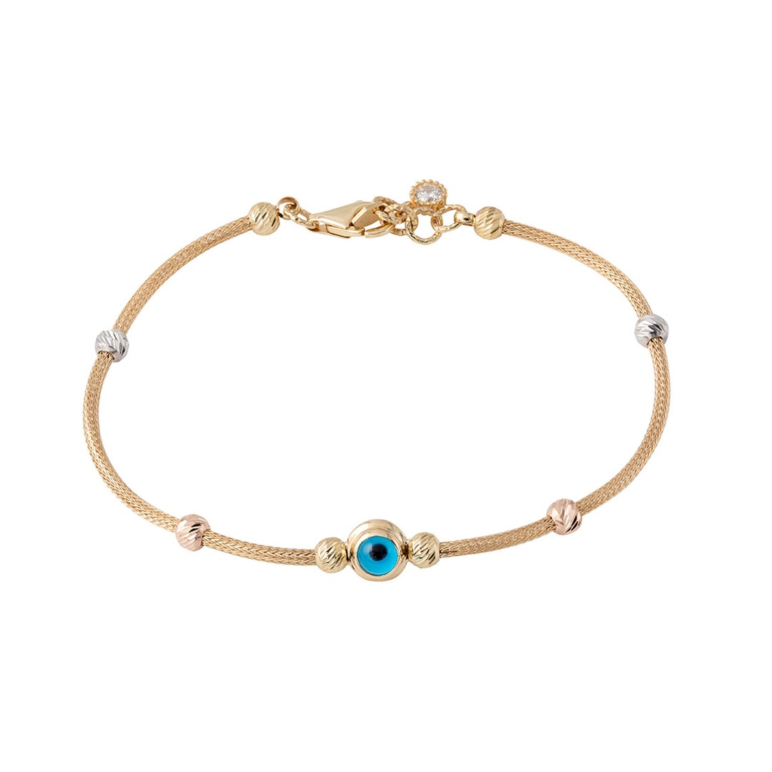 14k Yellow Gold Evil Eye Bracelet With High Polished Gold - Etsy