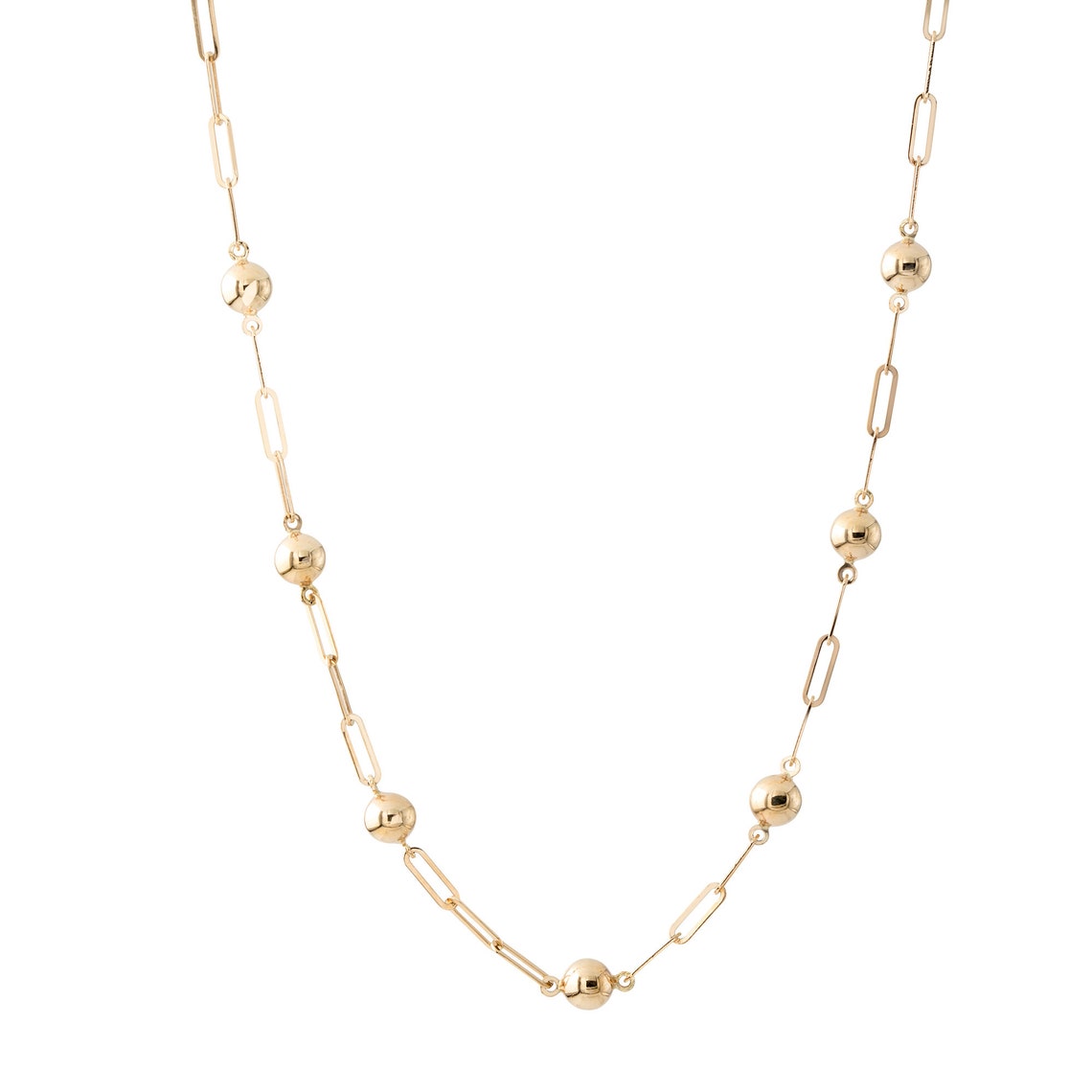 14K Solid Gold Bead Station Chain Necklace, Real Gold Paperclip Ball ...