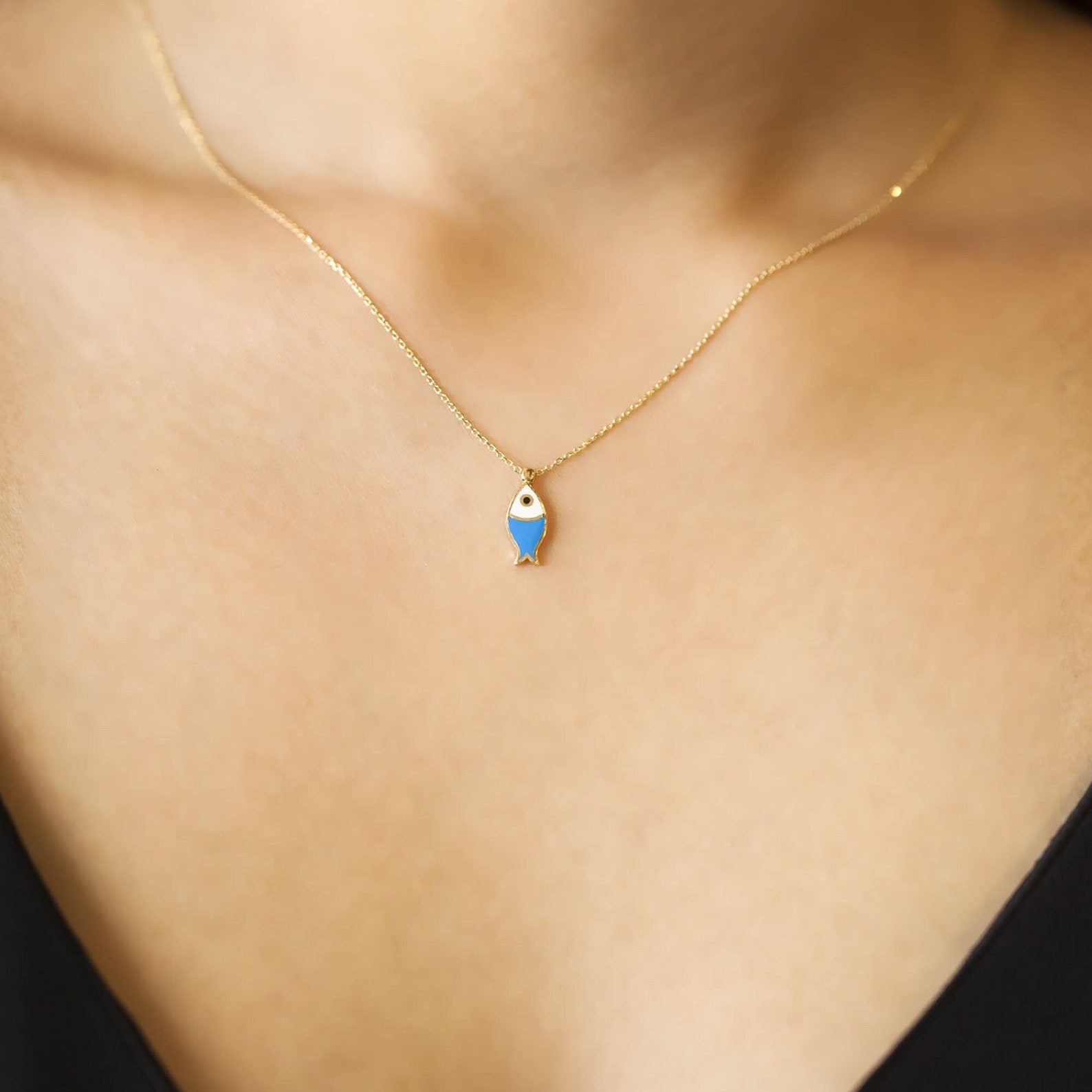 Cute Fish Nautical Gold Necklace, 14K Gold Blue/pink Enamel Fish Charm ...