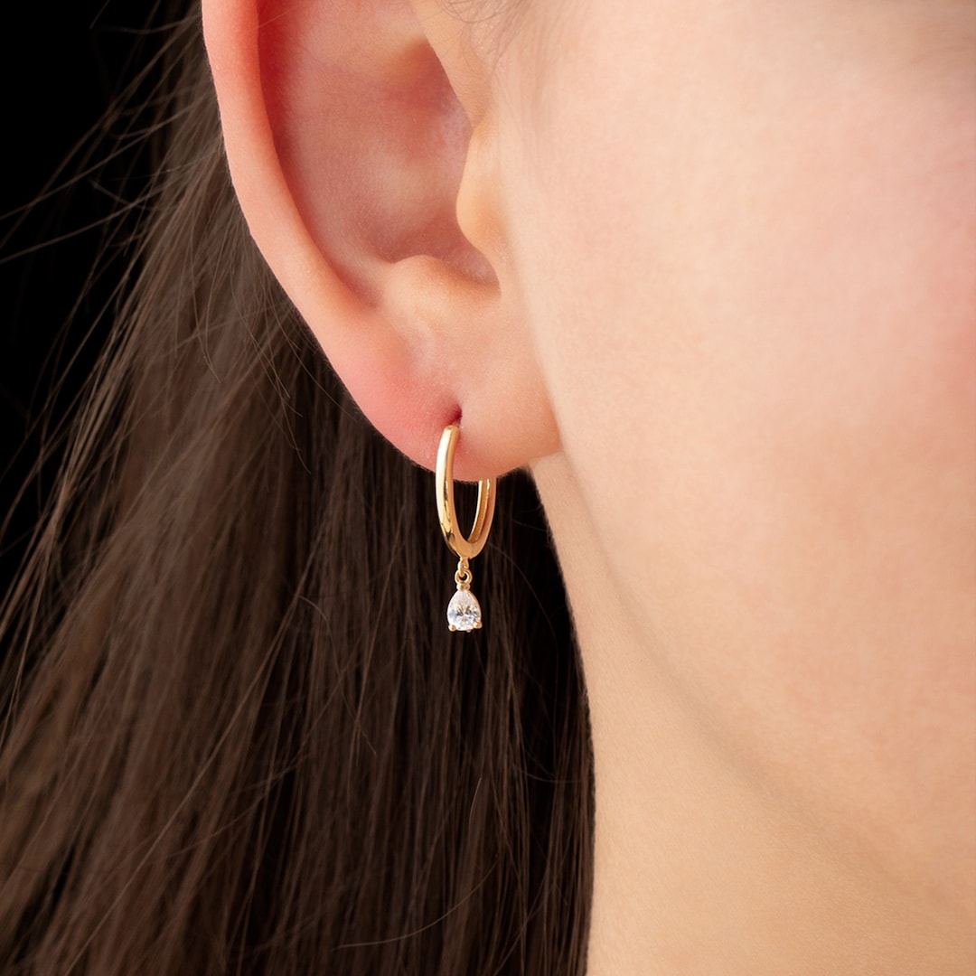 14K Gold Elegant Dangling Earrings With Drop Stone, Tiny Huggie ...