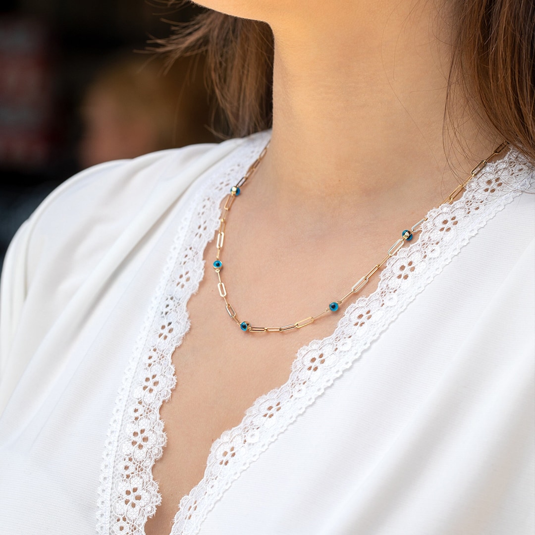 14K Yellow Gold Paperclip Necklace, Real Gold Paperclip Link Chain With ...