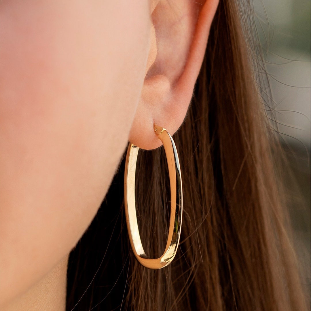 Real Gold Rectangular Shape Large Hoop Earrings, 14K Yellow Gold Oblong ...