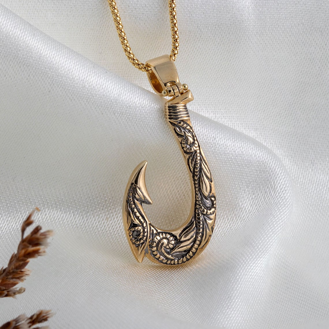 14K Solid Gold Fish Hook Necklace 14k Yellow or Rose Gold | Etsy