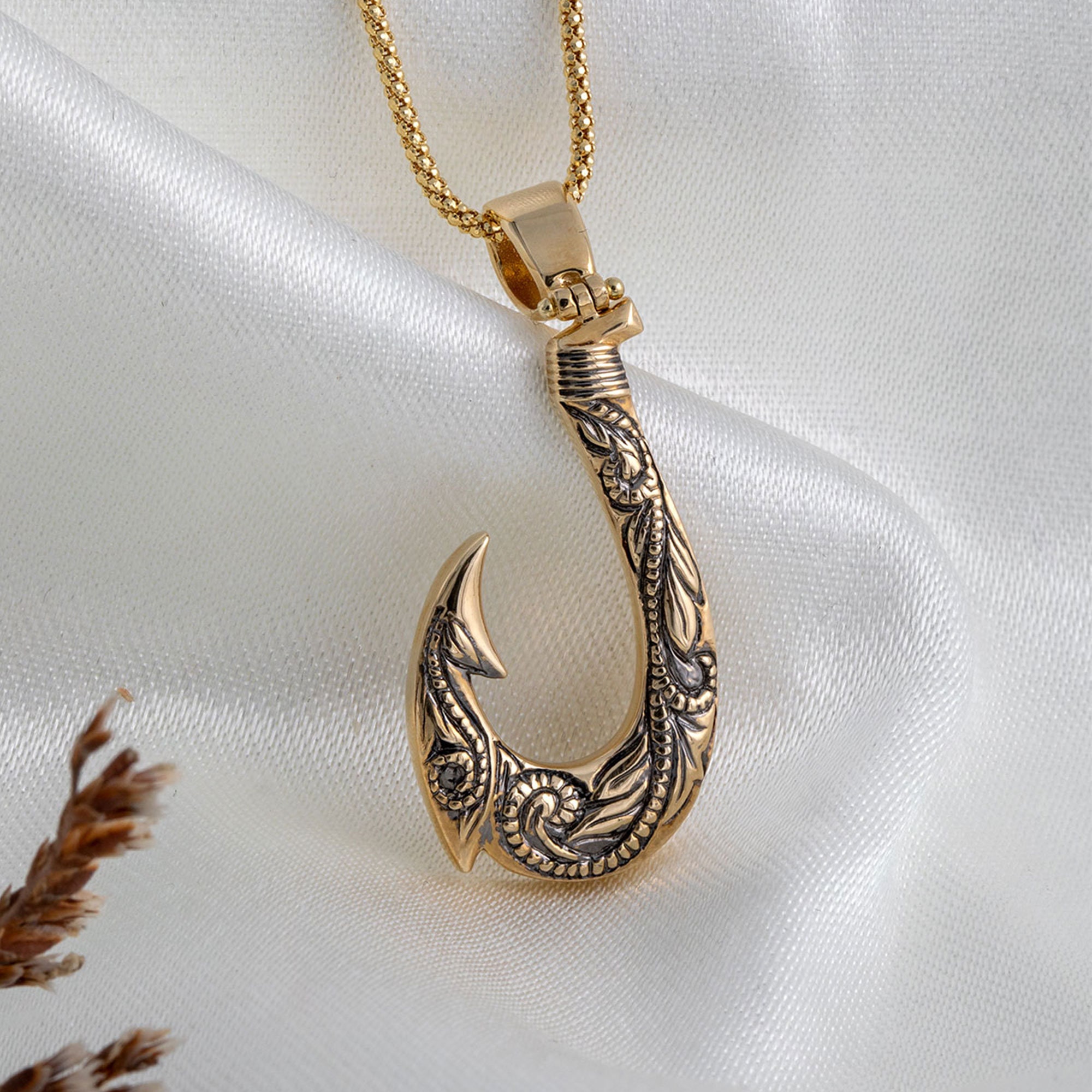 14K Solid Gold Fish Hook Necklace, 14k Yellow or Rose Gold, Modern Fine ...