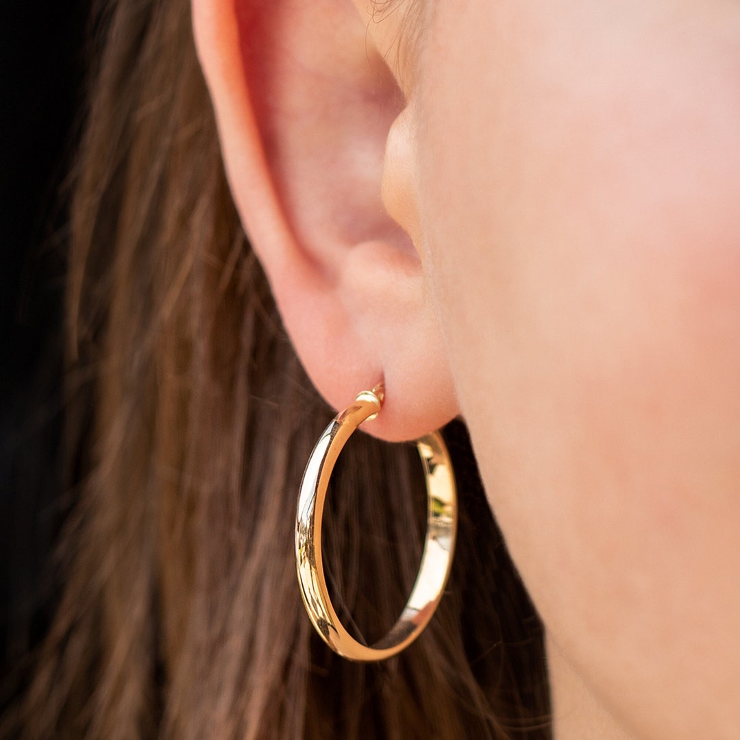 14K Solid Gold Hoop Earrings, 4 Width Options Available , 3.10mm Thick Bold Hoop Earrings ...